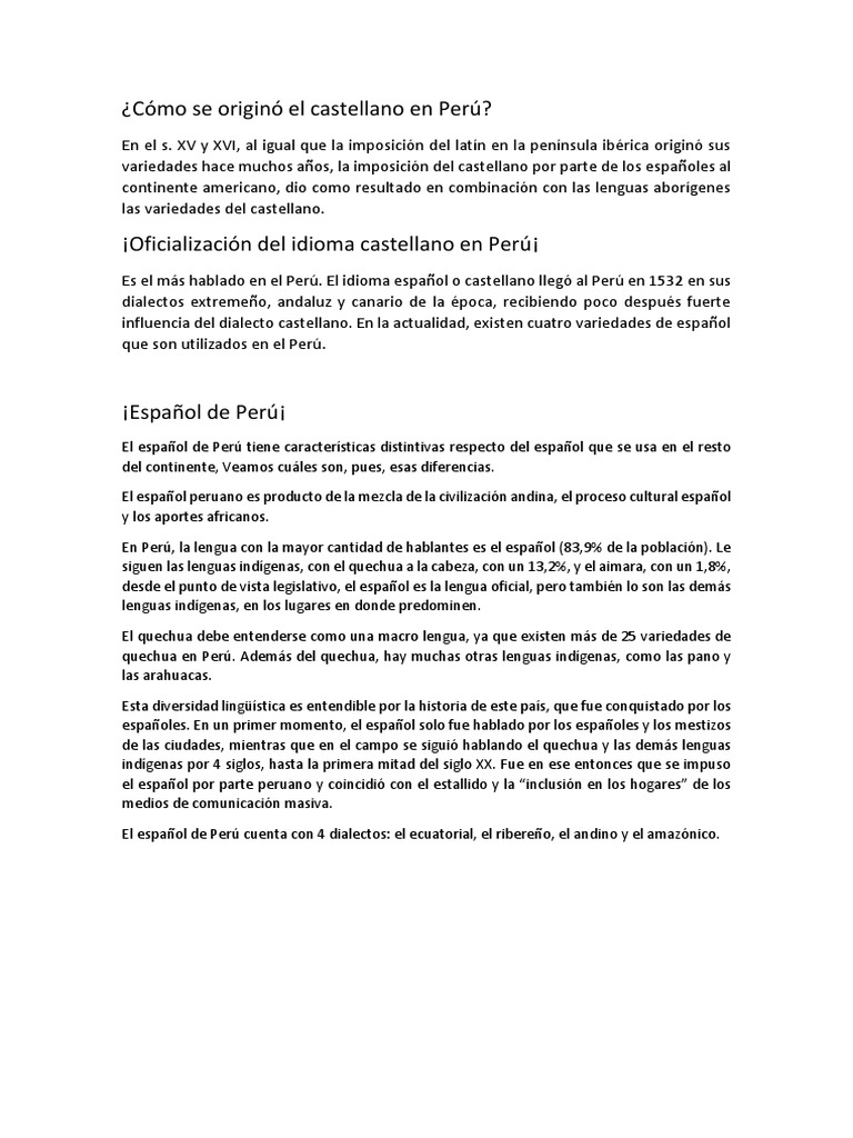 Origen del castellano en Perú: historia y dialectos | PDF | Estudios de ...