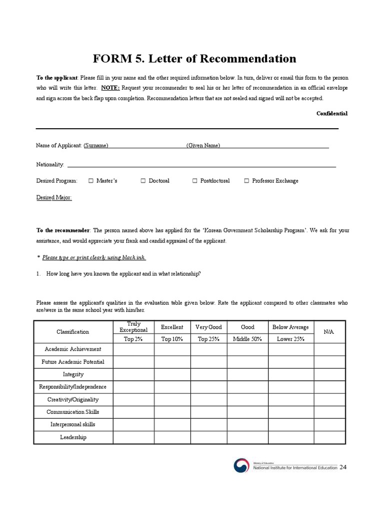 (2017) KGSP - Form of Recommendation Letter (English) | PDF