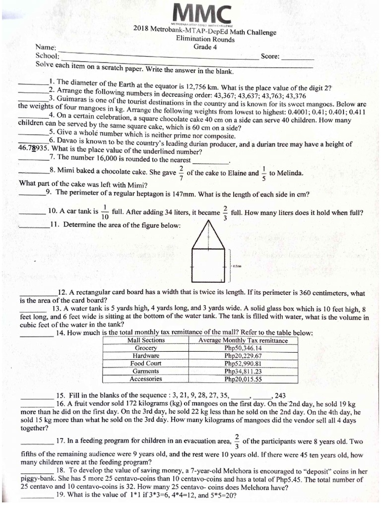 2018 Mtap Elimination Round Grade 4 Questions With Answer Key | PDF