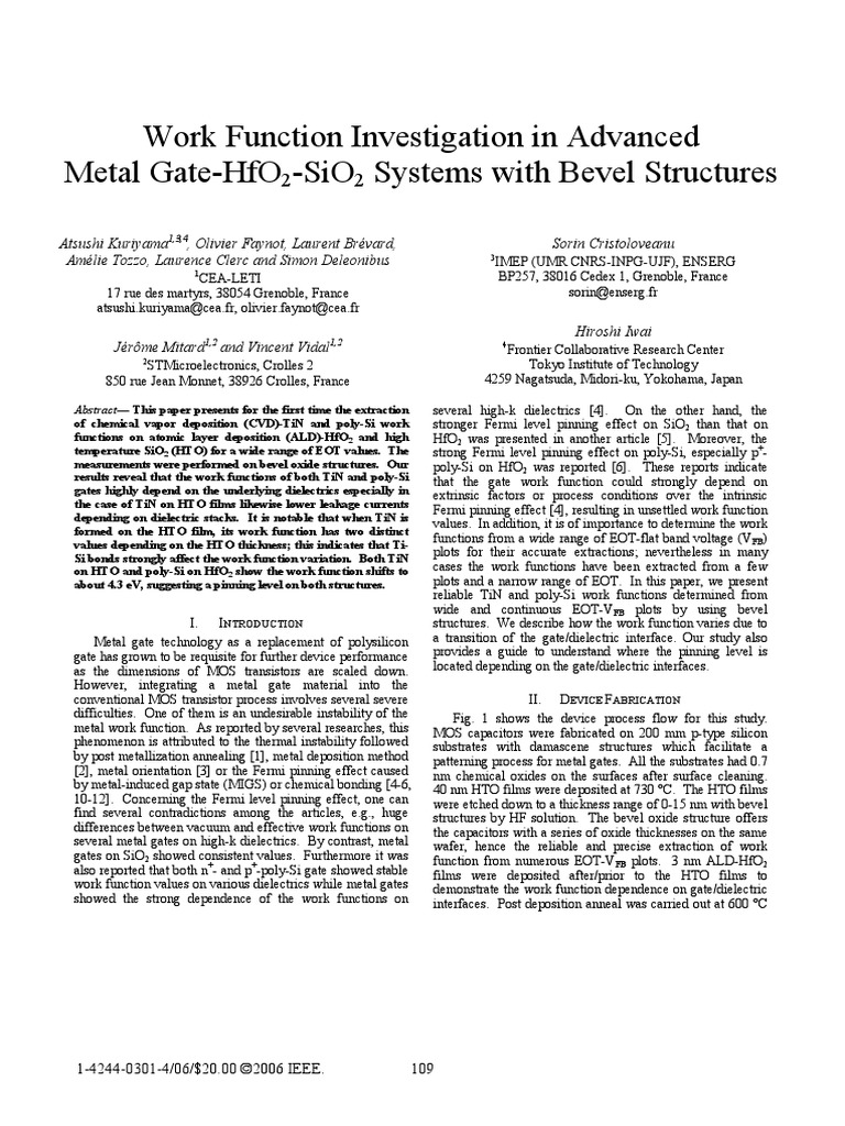 Work Function Investigation in Advanced Metal Gate Hfo2 Sio2 System PDF | PDF | Mosfet ...