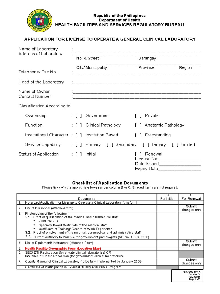 Application For License To Operate A General Clinical Laboratory | PDF ...