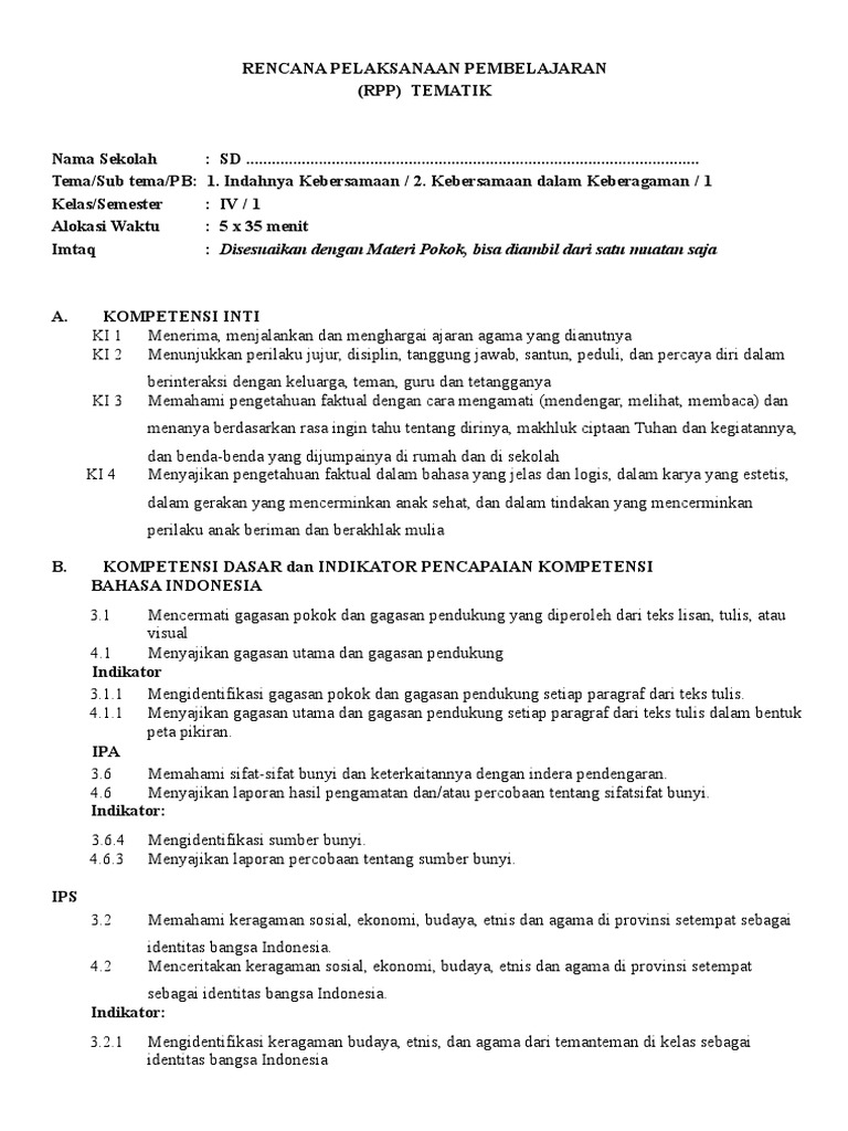 Contoh RPP Kelas Iv Tema 1 Subtema 2 PB 1 | PDF | Kajian Bahasa Asing | Sains & Matematika