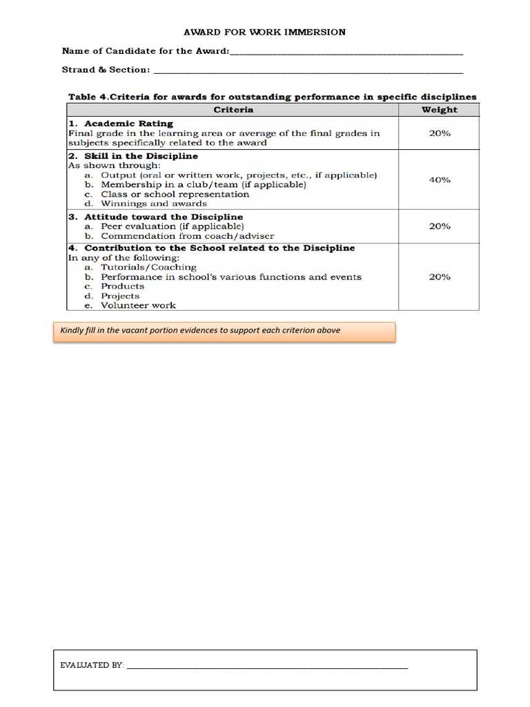 Work Immersion Award Criteria Guide | PDF