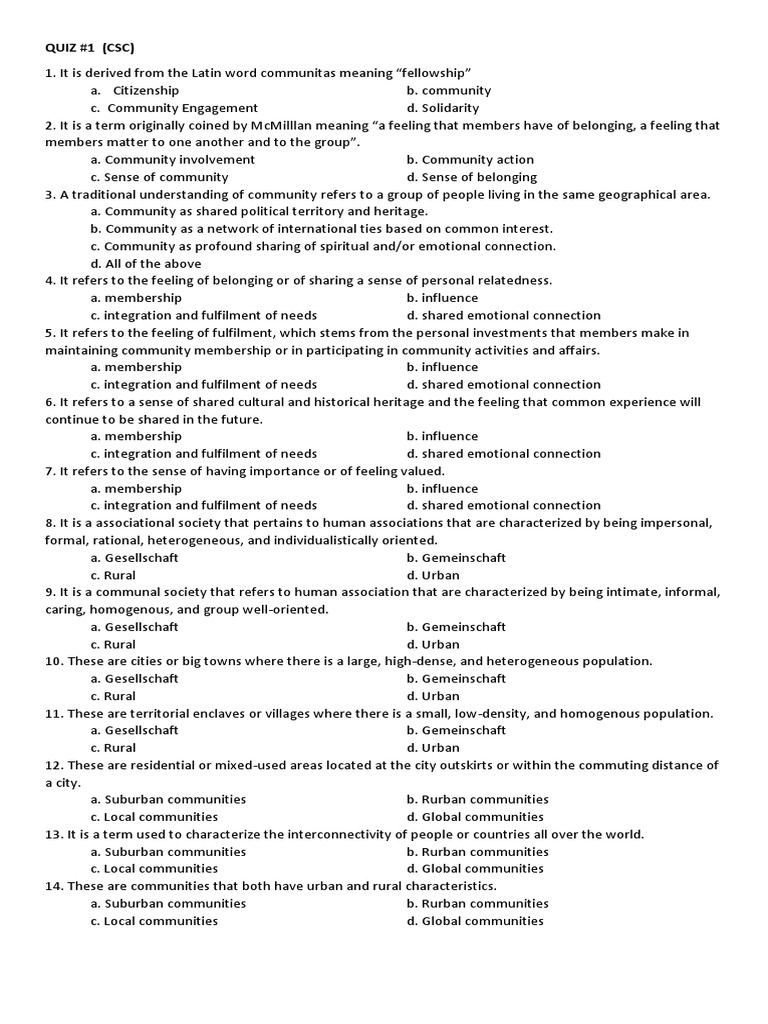 Quiz 1 | PDF | Community | Sociological Theories