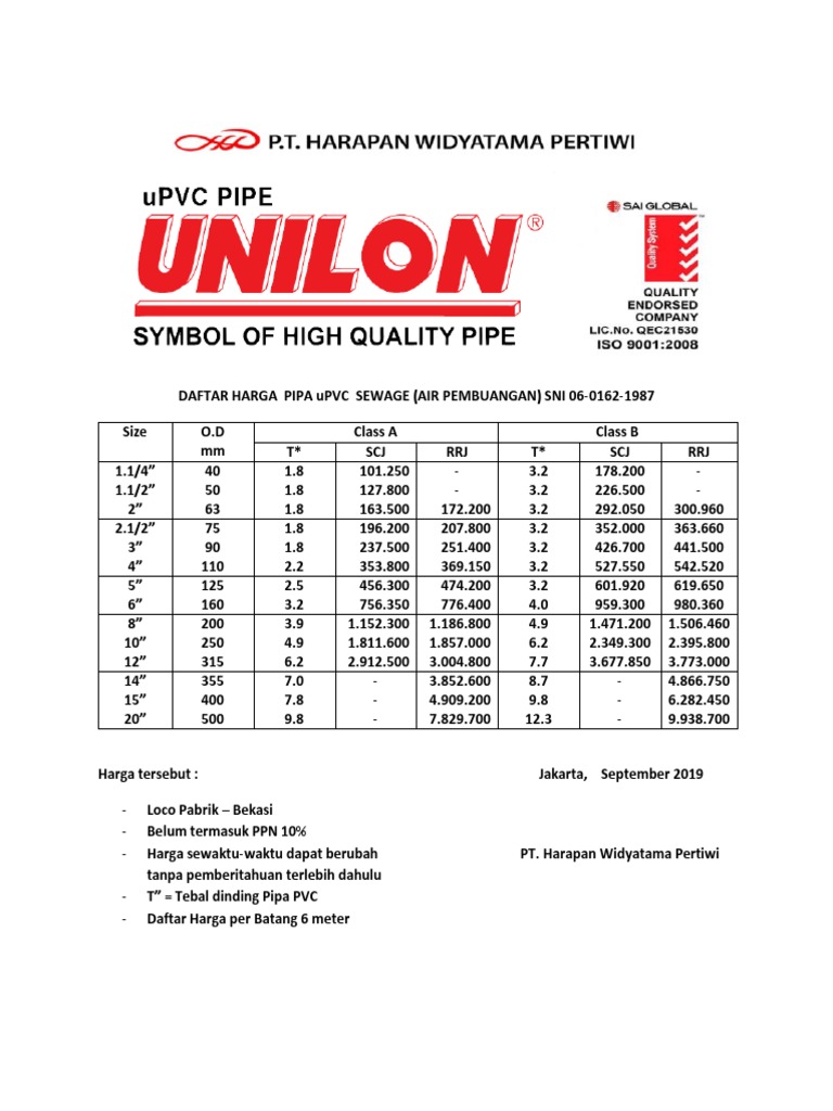 DAFTAR HARGA PIPA uPVC SEWAGE UNILON | PDF