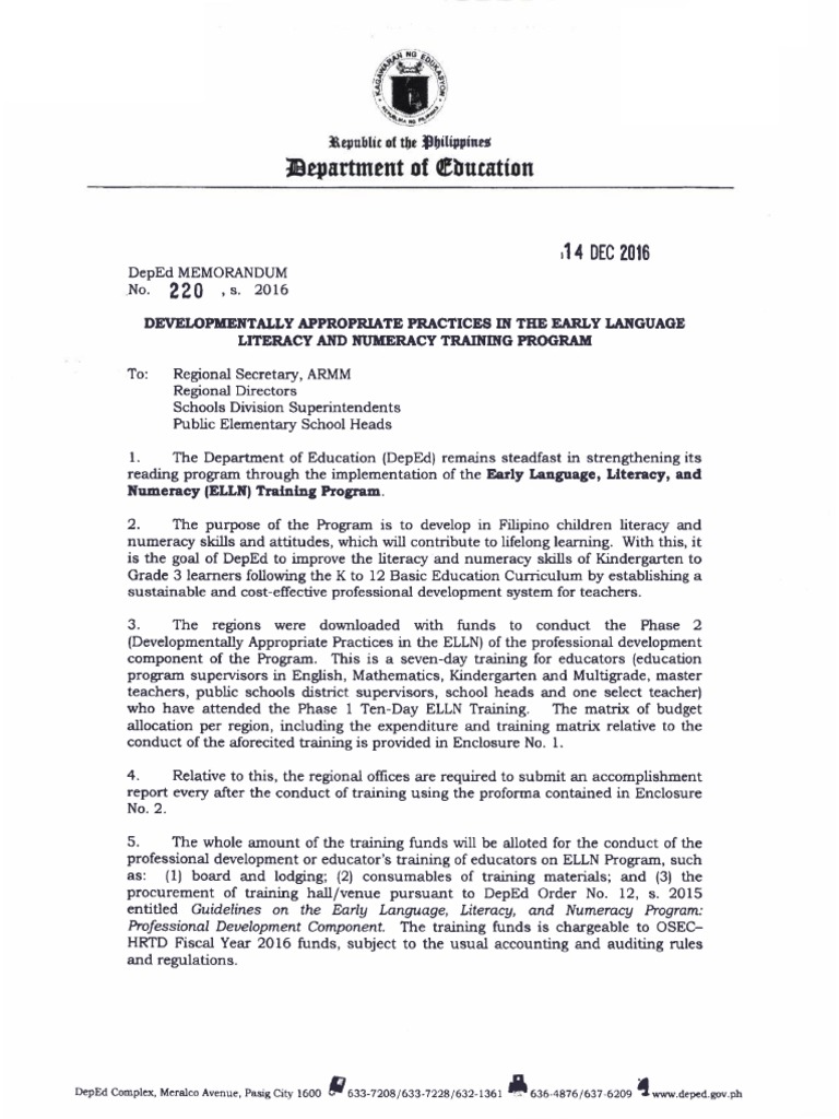 DepED Memorandum No. 220 s.2016 PDF | PDF