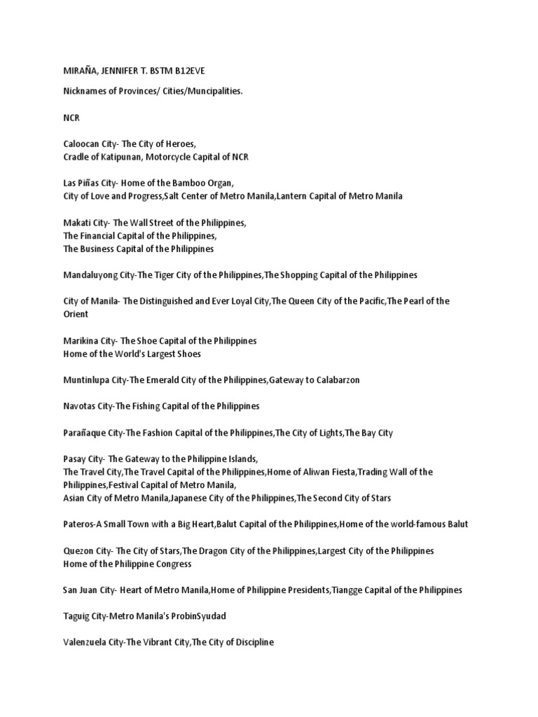 Nicknames of Provinces | PDF | Metro Manila | Philippines