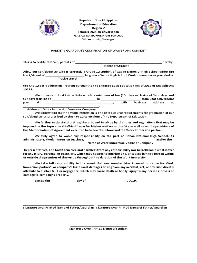 Work Immersion Waiver | PDF | Justice | Crime & Violence