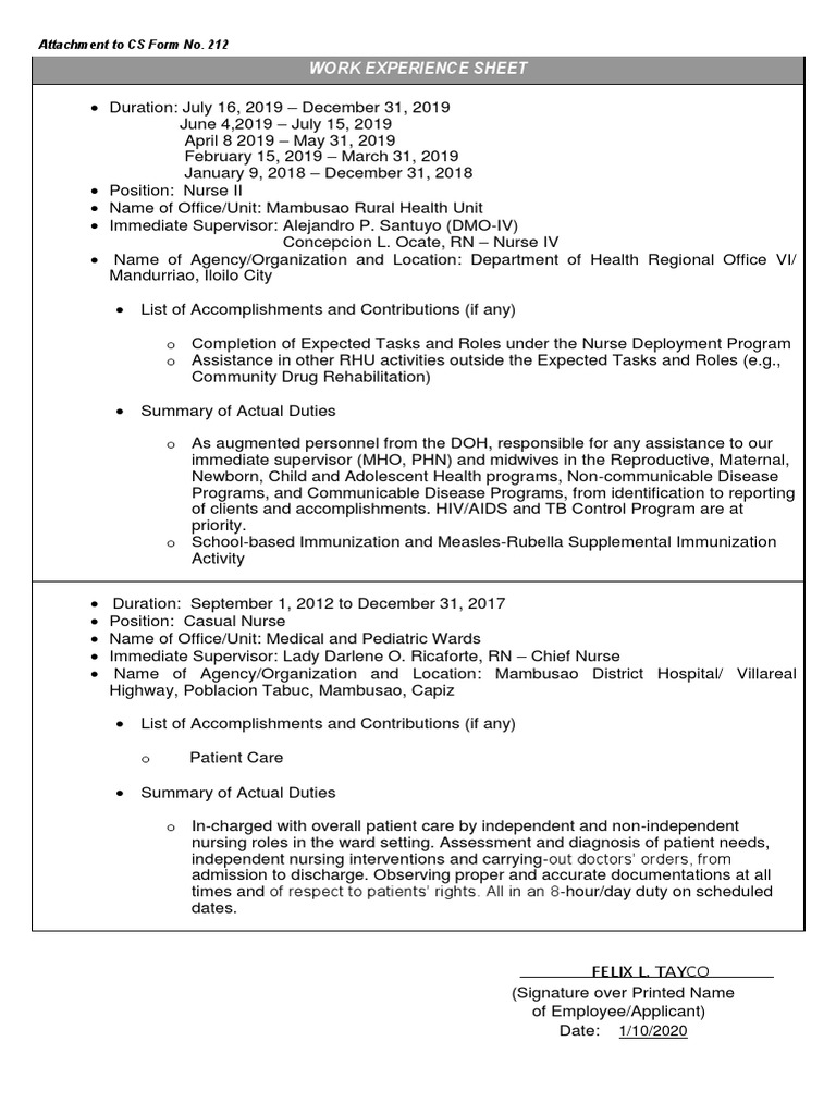 WORK EXPERIENCE SHEET.. FELIX... Printed | PDF | Nursing | Health Care