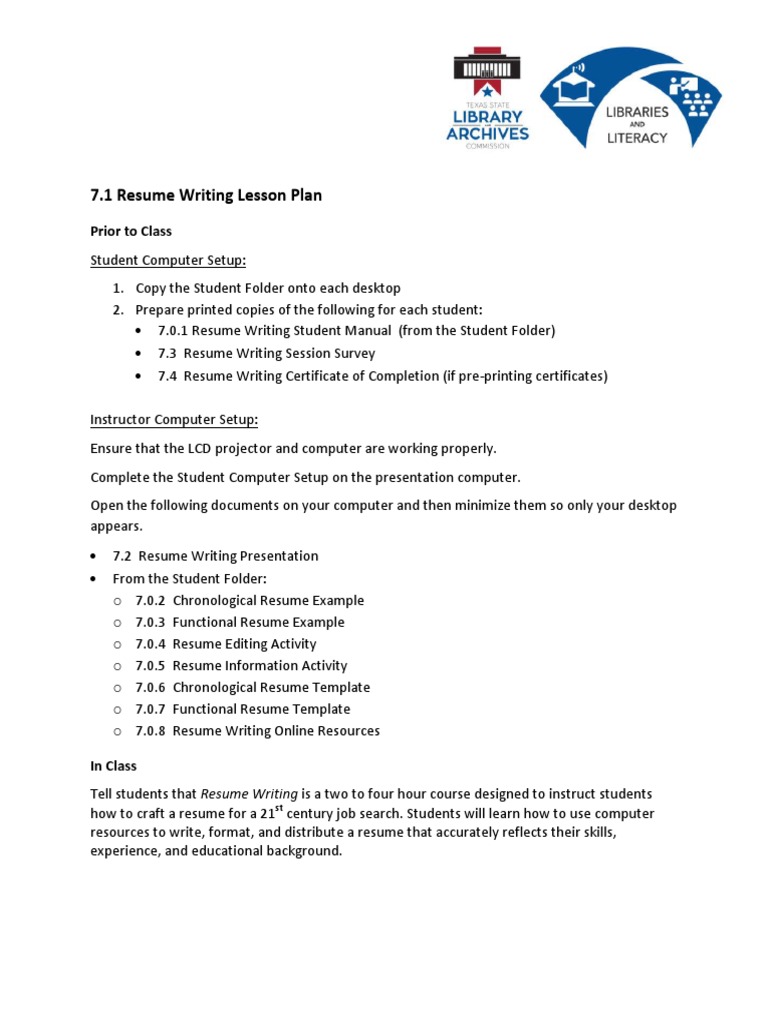7-1 Resume Writing Lesson Plan | PDF | Résumé | Employment