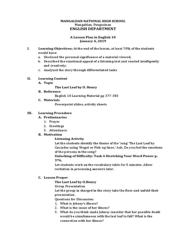 Last Leaf Lesson Plan for English 10 | PDF | Lesson Plan | Teaching