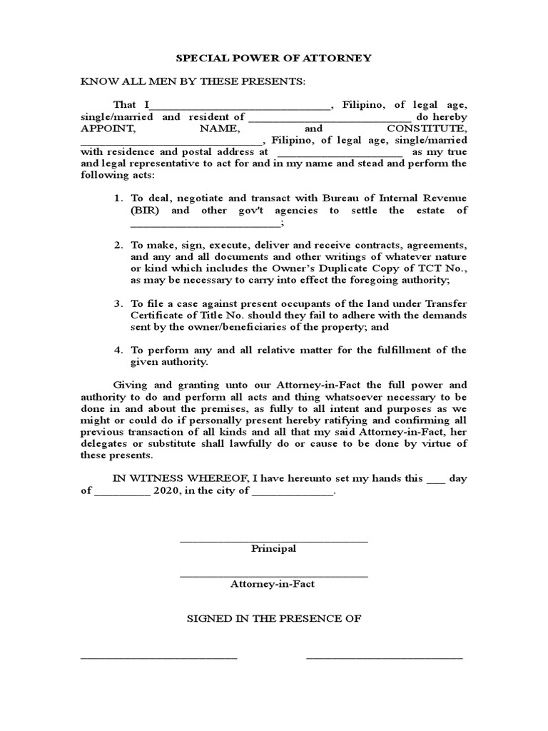 Sample Spa | PDF | Power Of Attorney | Notary Public