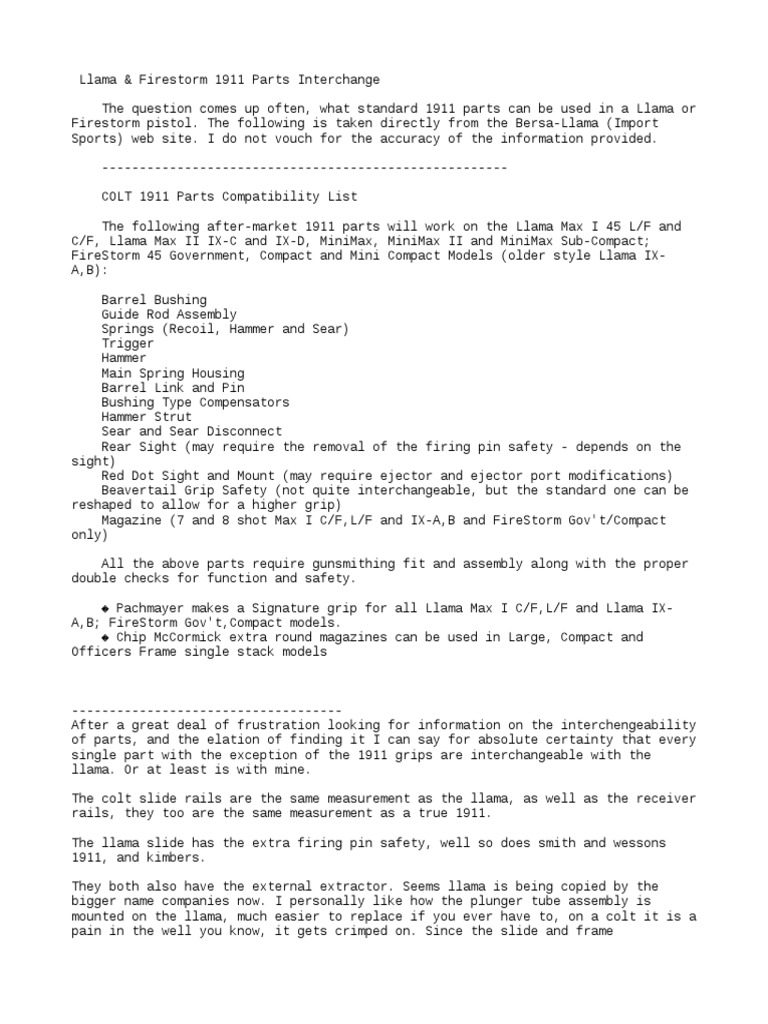 Llama and Colt 1911 Parts Interchangability | PDF | Firearms | Handgun