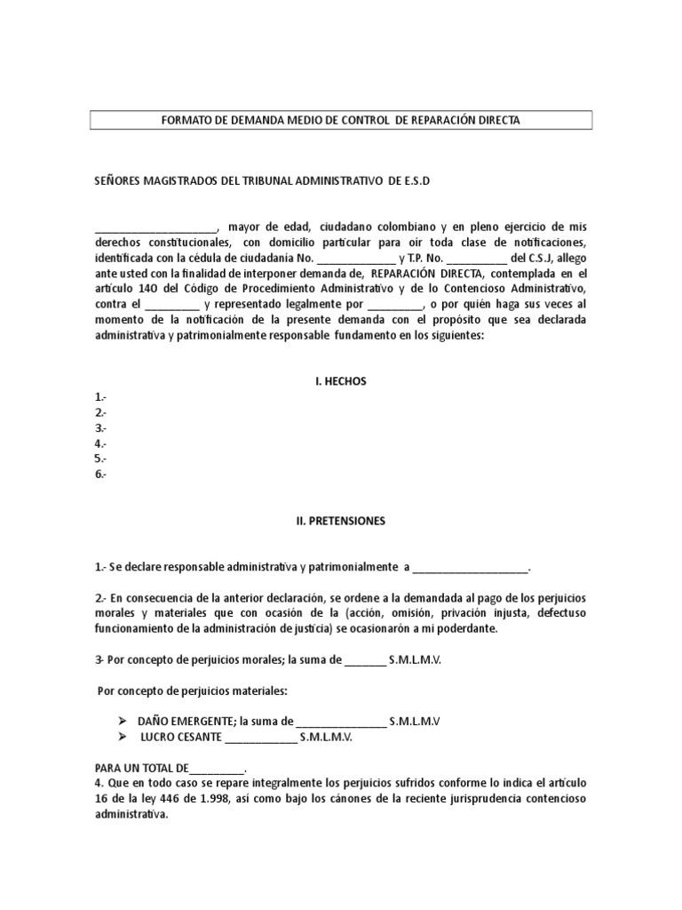 Modelo Demanda Reparacion Directa | PDF | Demanda judicial | Caso de ley