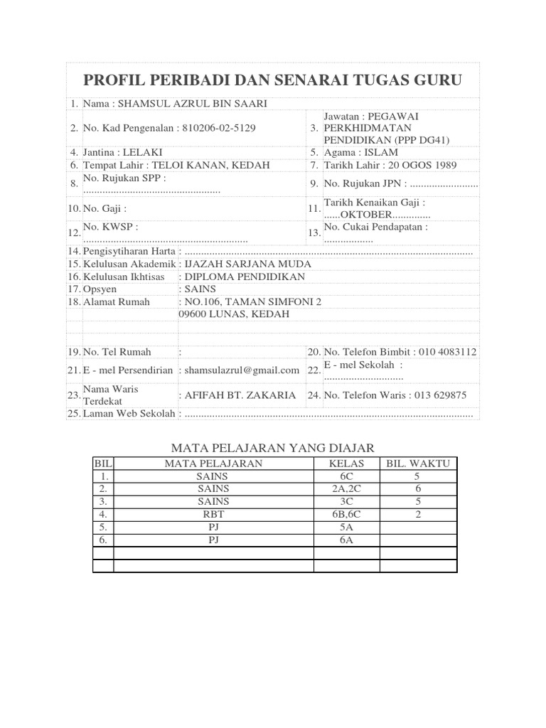 Profil Peribadi Dan Senarai Tugas Guru | PDF