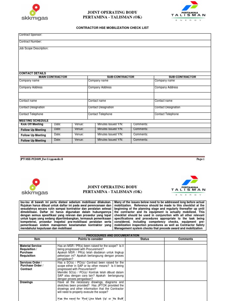 Pre-Mobilization HSE Checklist for Contractor Coordination on an ...