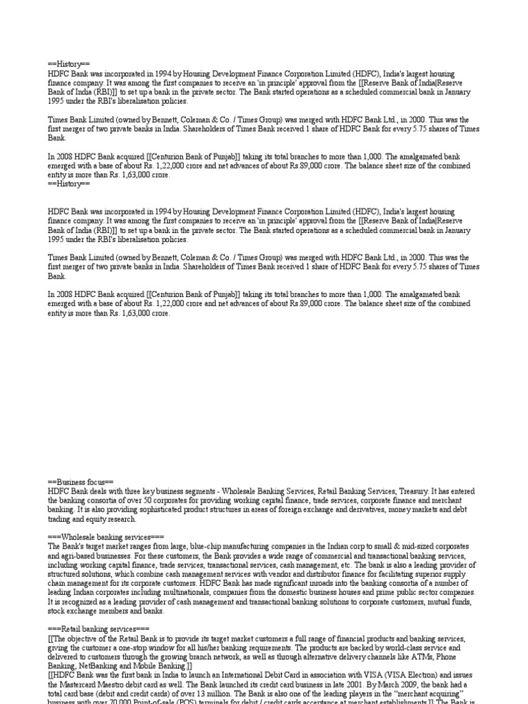 HDFC History | PDF | Debit Card | Reserve Bank Of India