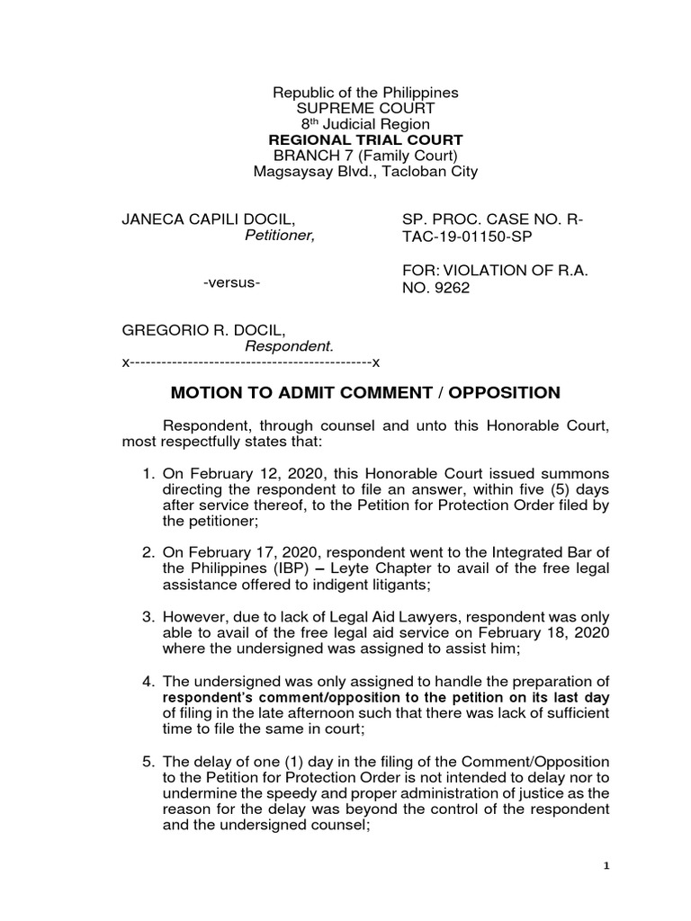 Motion To Admit | PDF | Legal Aid | Restraining Order