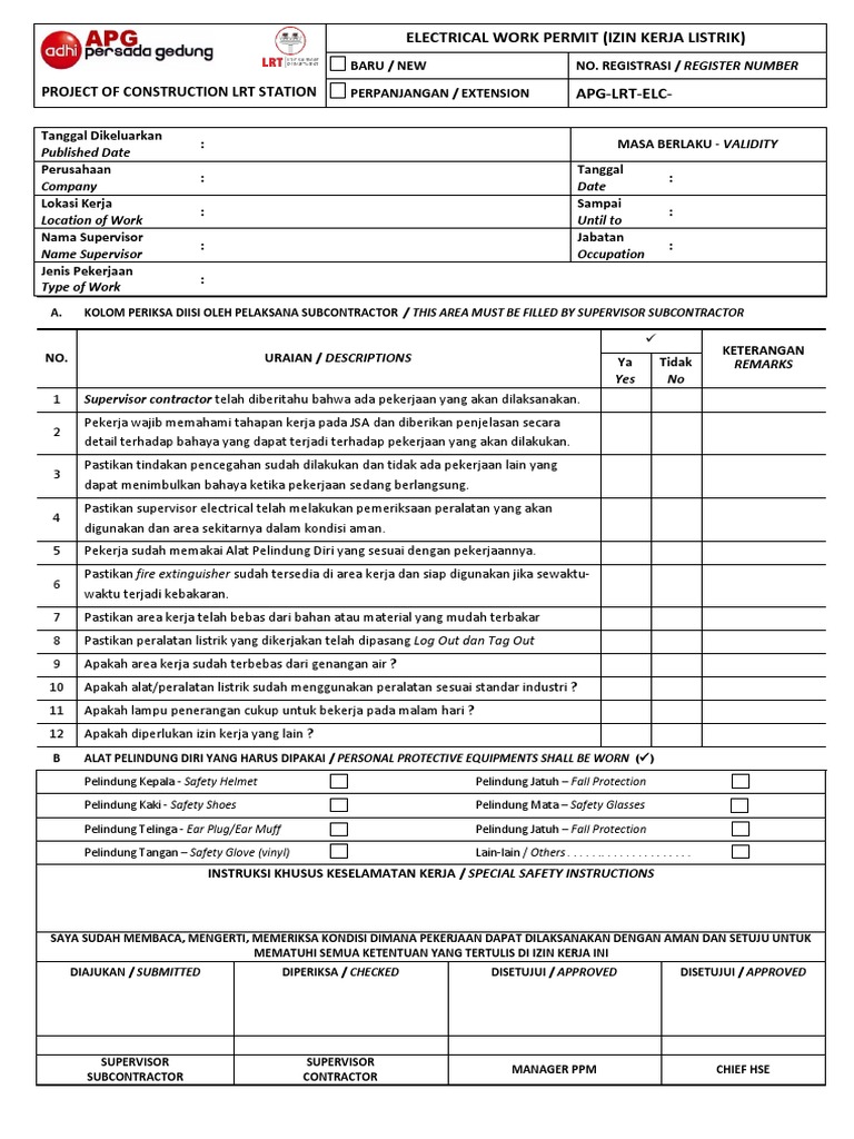 Form PTW - ELECTRICAL WORK PERMIT (Rev Jan 2019) | PDF
