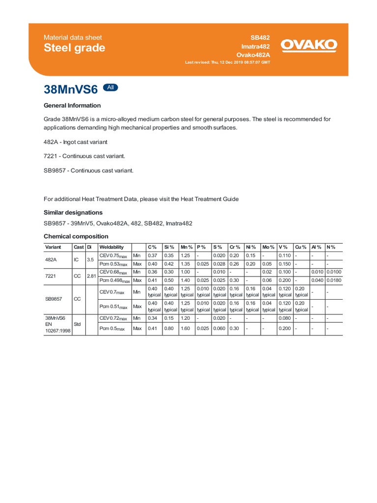 Material Data Sheet SB482 Steel Grade 38MnVS6 | PDF | Steel | Materials ...