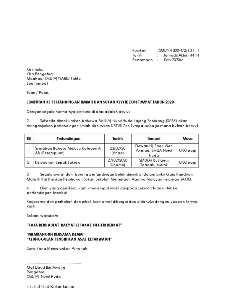 Surat Jemputan Syarahan BM Dan Pertandingan Takraw