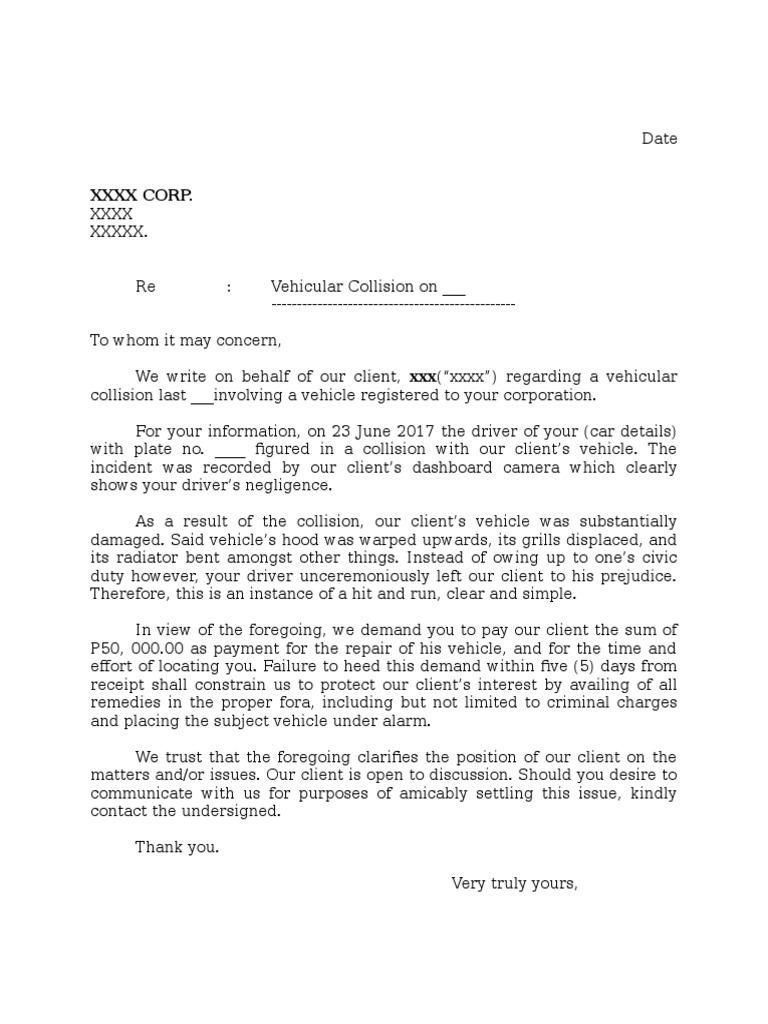 Sample Demand Letter - Car Collision | PDF