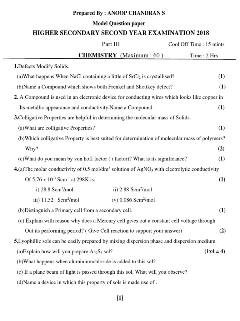 XII Chemistry Model Question Paper Anoop 2018 PDF | PDF | Iron ...