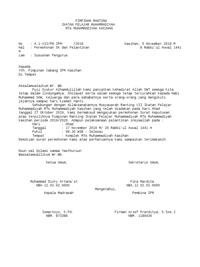 Surat Permohonan SK Dan Pelantikan Ipm 2019 | PDF