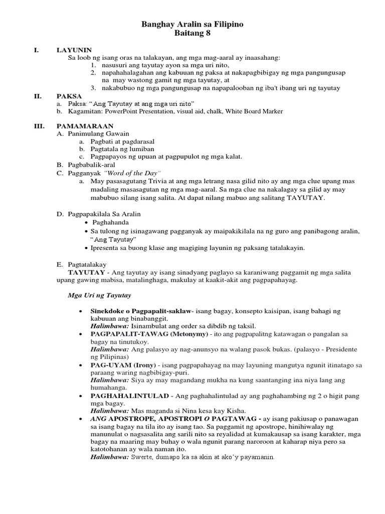 Banghay Aralin Sa Filipino | PDF