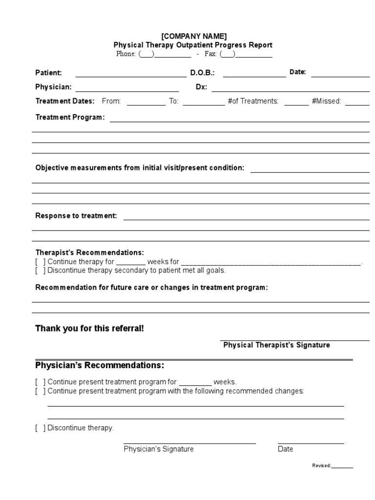 Physical Therapy Progress and Treatment Recommendations for [Patient ...