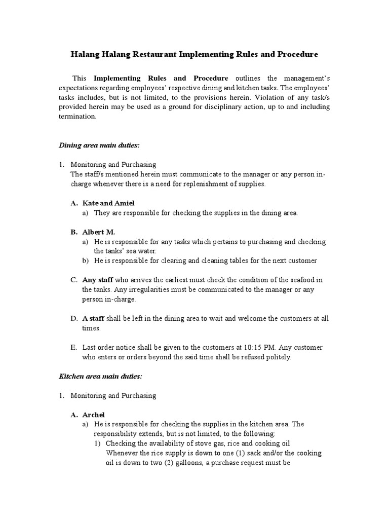Restaurant Staff Rules and Procedures | PDF | Restaurants | Kitchen