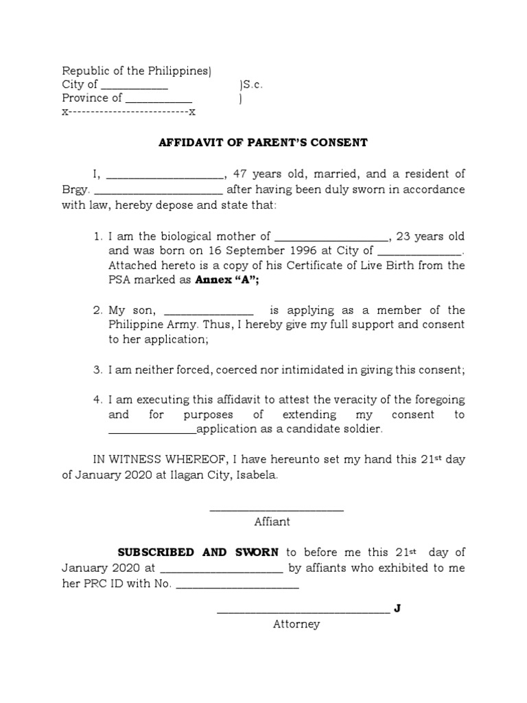 Affidavit of Parents Consent - Yvp | PDF | Social Science | Law
