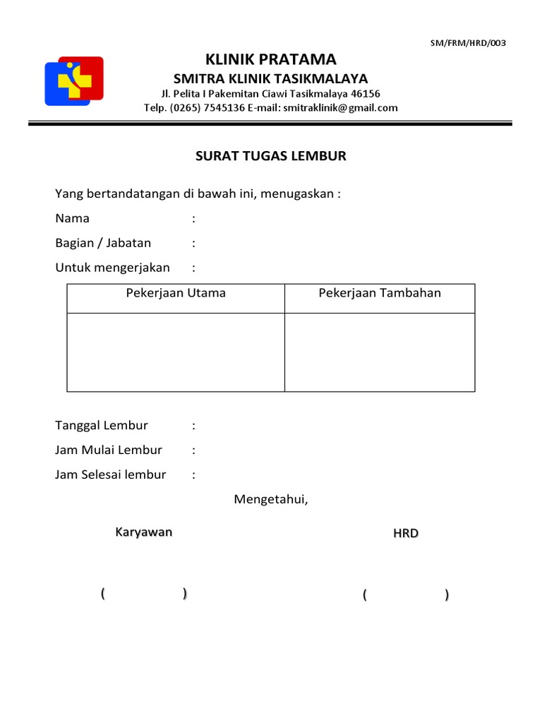 Form HRD 003 Surat Tugas Lembur | PDF