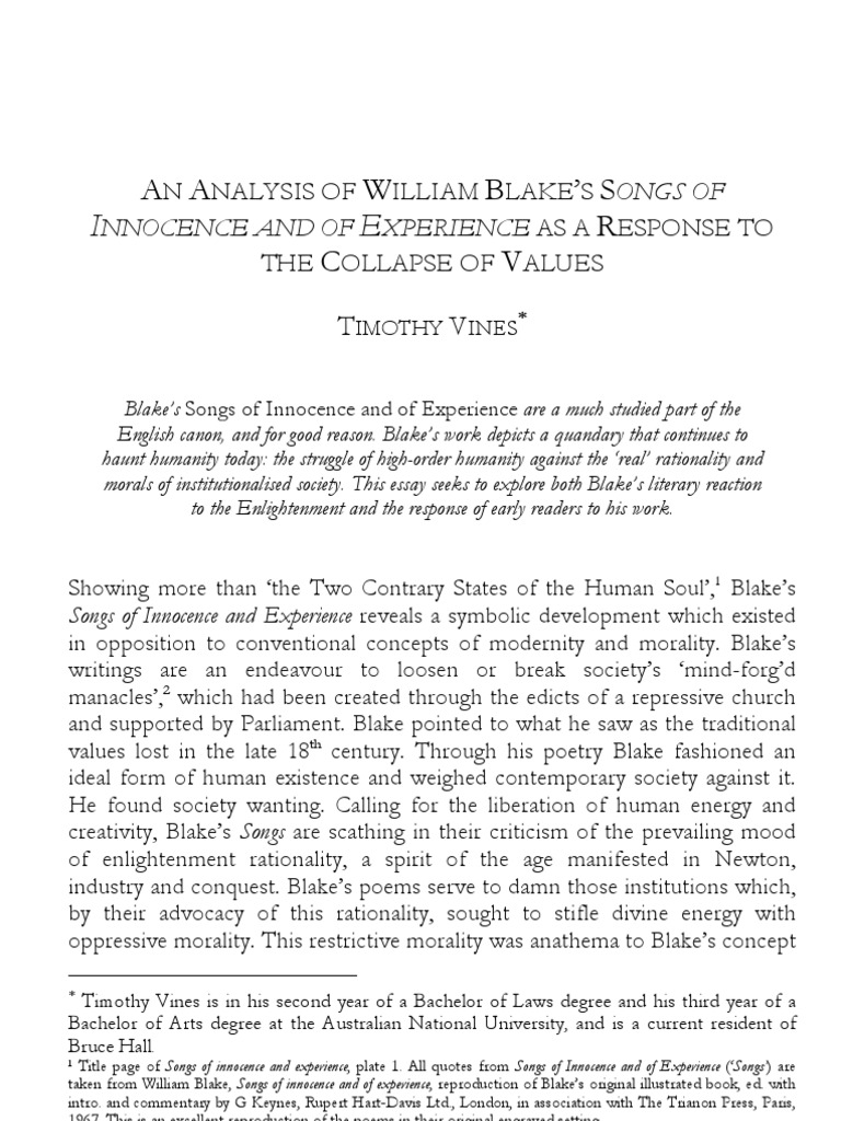 Blake's Innocence and Experience Analysis | PDF | William Blake | Poetry