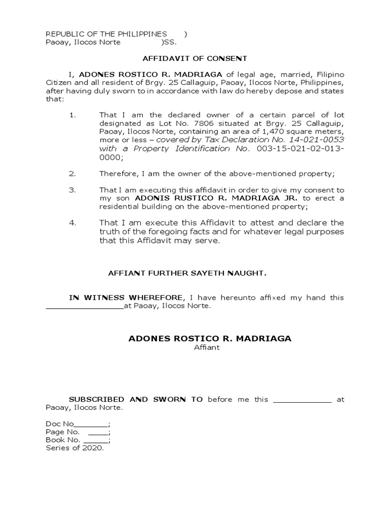 AFFIDAVIT OF LOT OWNERSHIP and CONSENT - HEIRS | PDF
