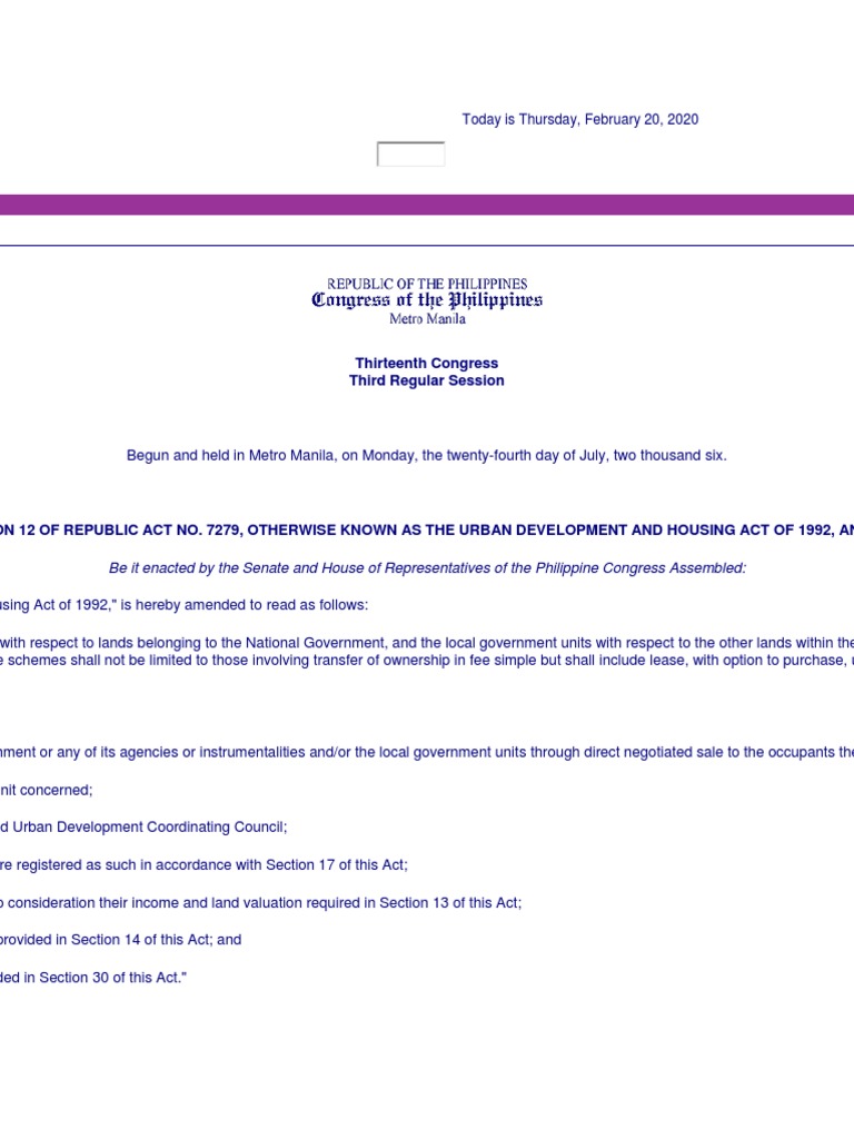 RA 7279 (UDHA Amendment) | PDF