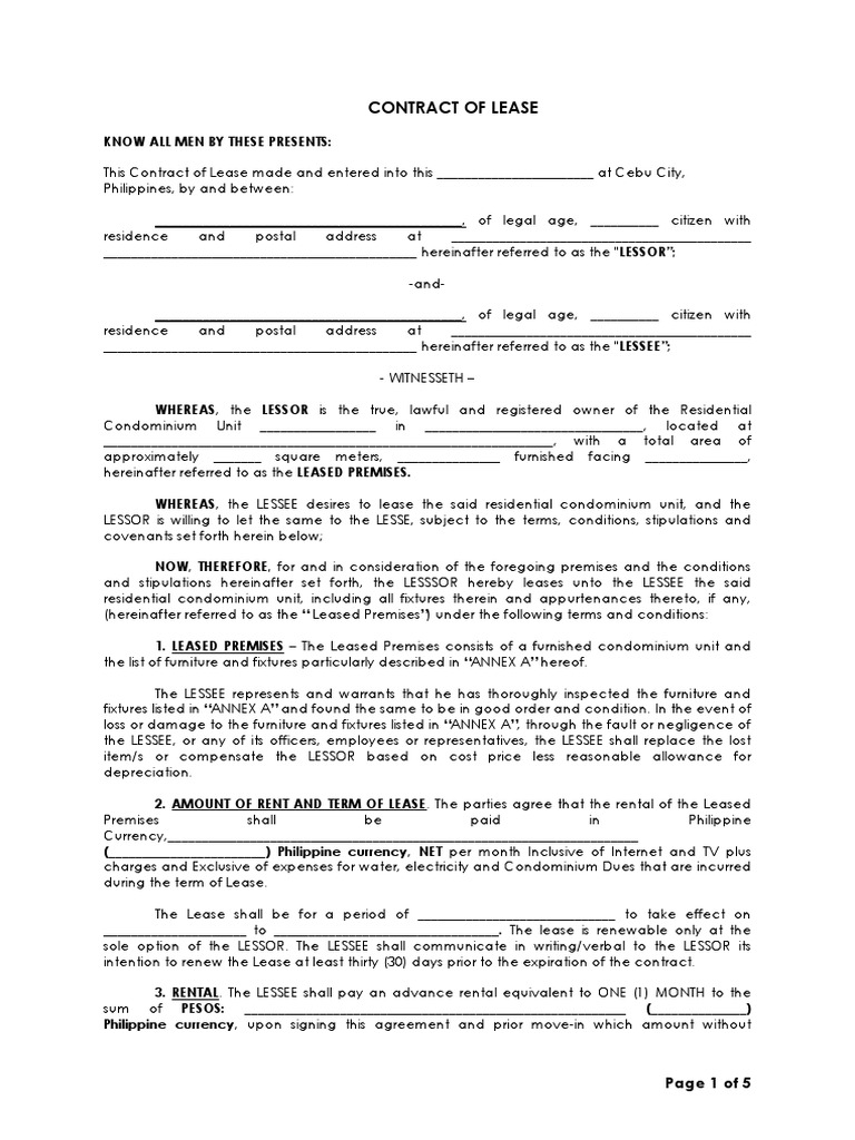 Sample Contract-Of-Lease - Blank | PDF | Lease | Renting