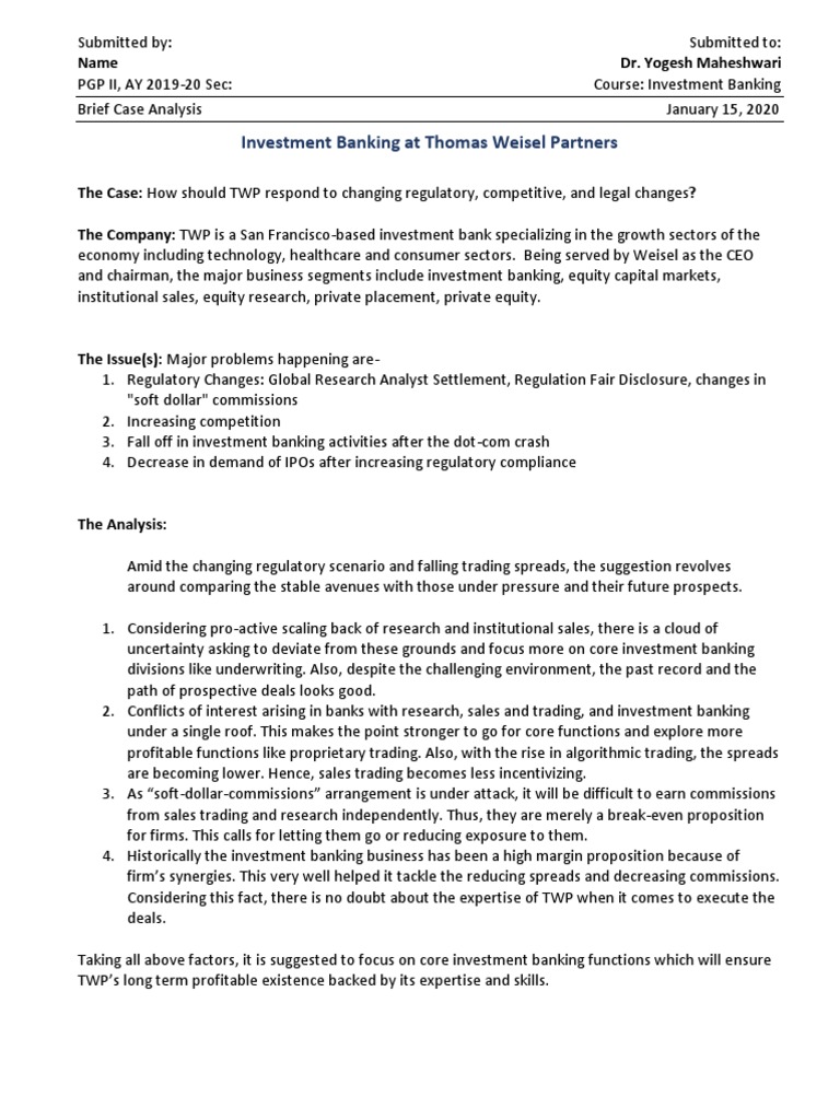 Case Analysis OfInvestment Banking at Thomas Weisel Partners | PDF