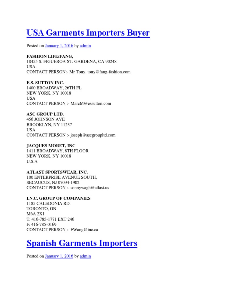 USA Garment Importers Contact List | PDF