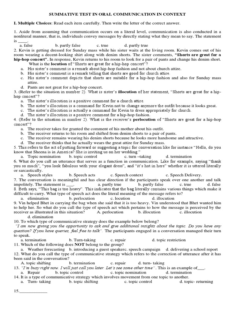 Grade 11 Oral Communication Test | PDF | Conversation | Communication