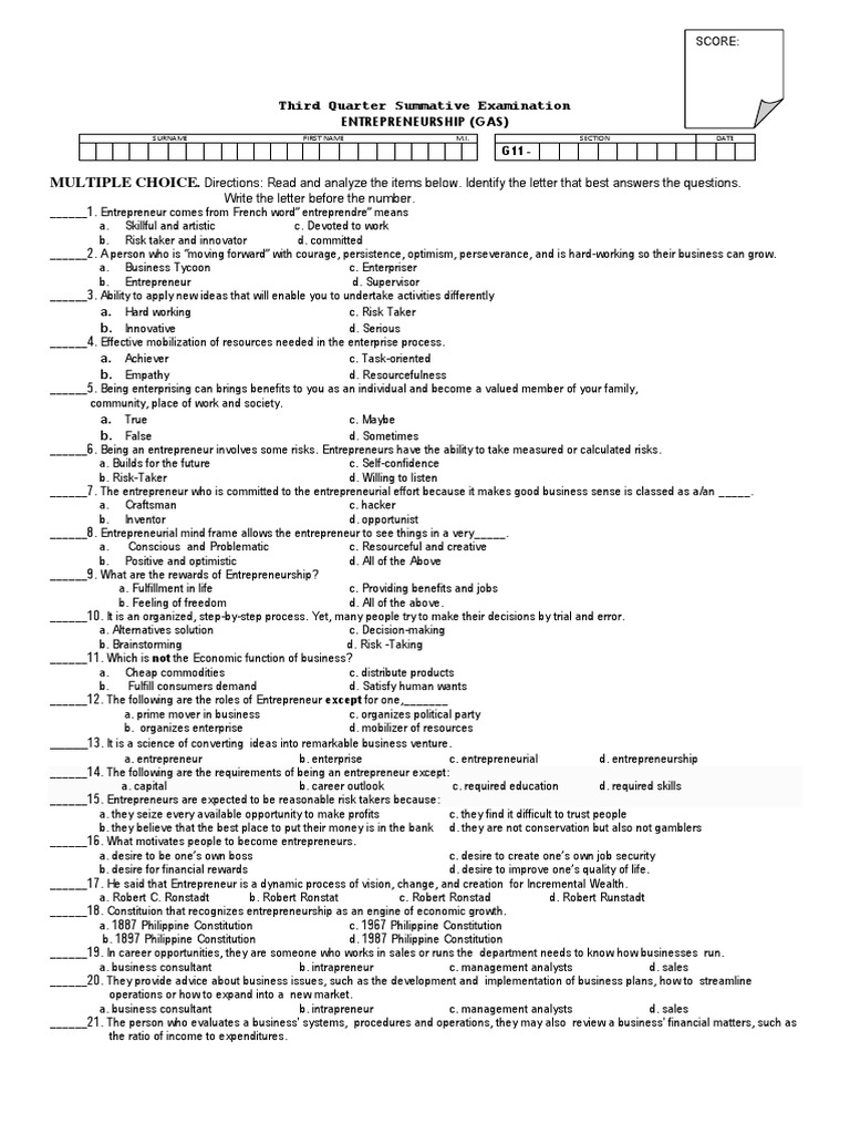 Summative Exam in Entrep | PDF