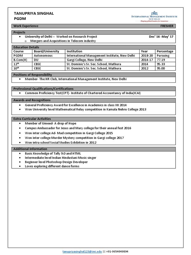 Tanupriya Singhal: PGDM Candidate Profile | PDF | Career & Growth