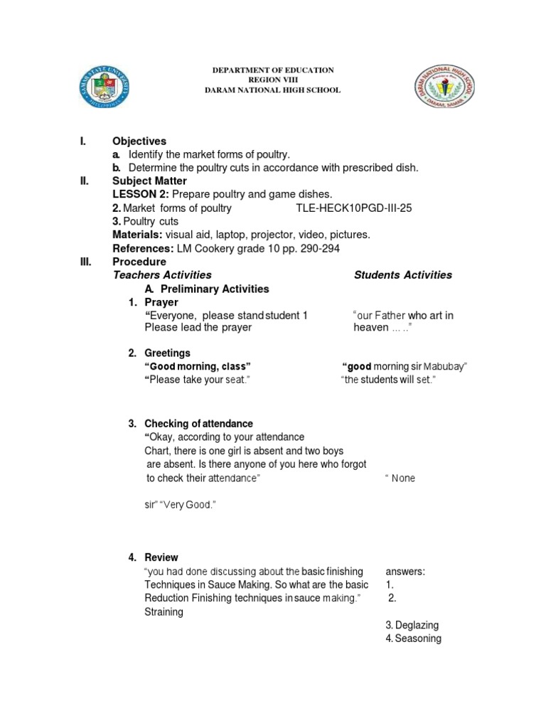 Lesson Plan Grade 10 Cookery Detailed | PDF