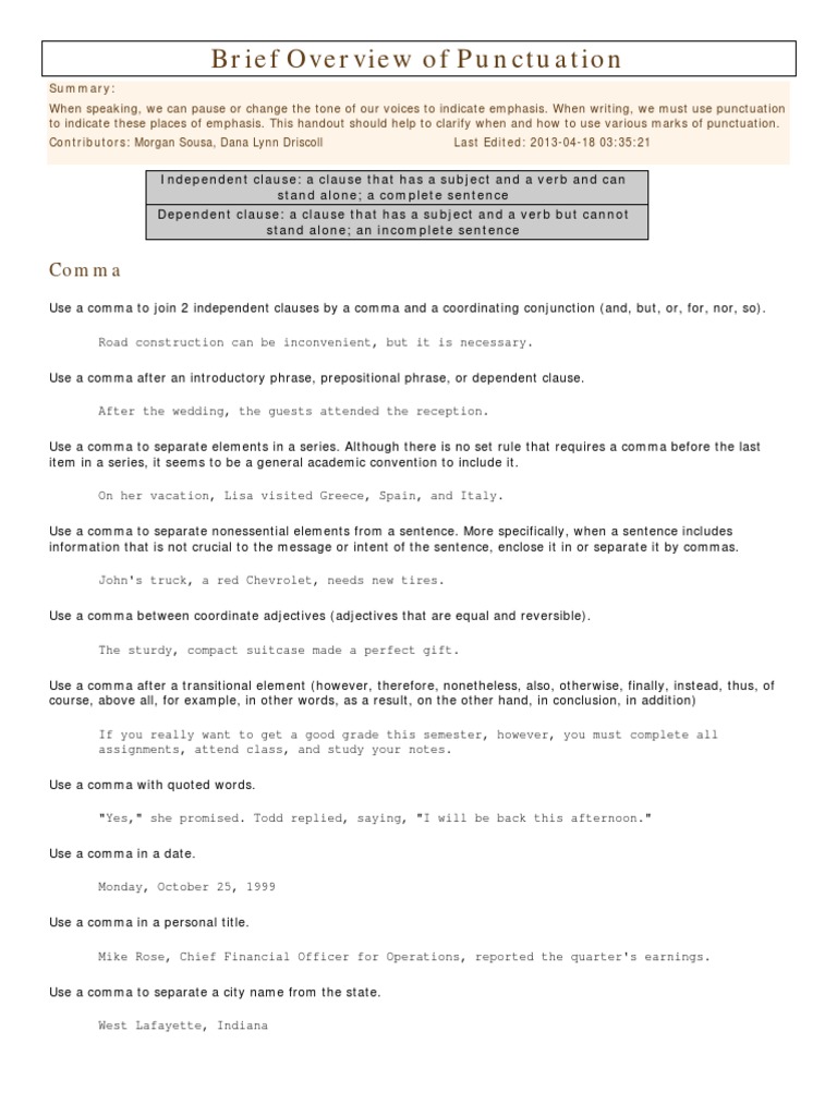 Brief Overview of Punctuation PDF | PDF | Comma | Language Mechanics