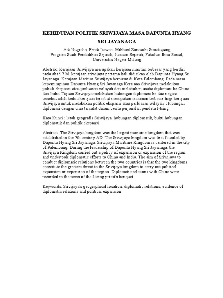 Kehidupan Politik Sriwijaya Masa Dapunta Hyang Sri Jayanaga | PDF ...