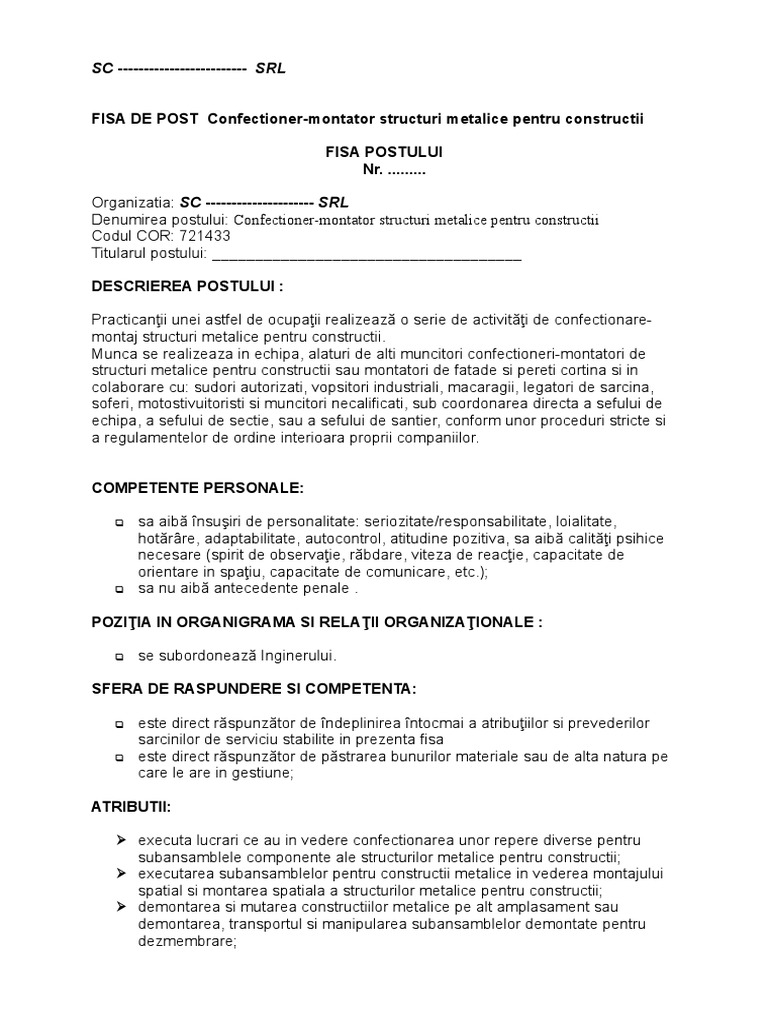 Confectioner-Montator Structuri Metalice Pentru Constructii | PDF