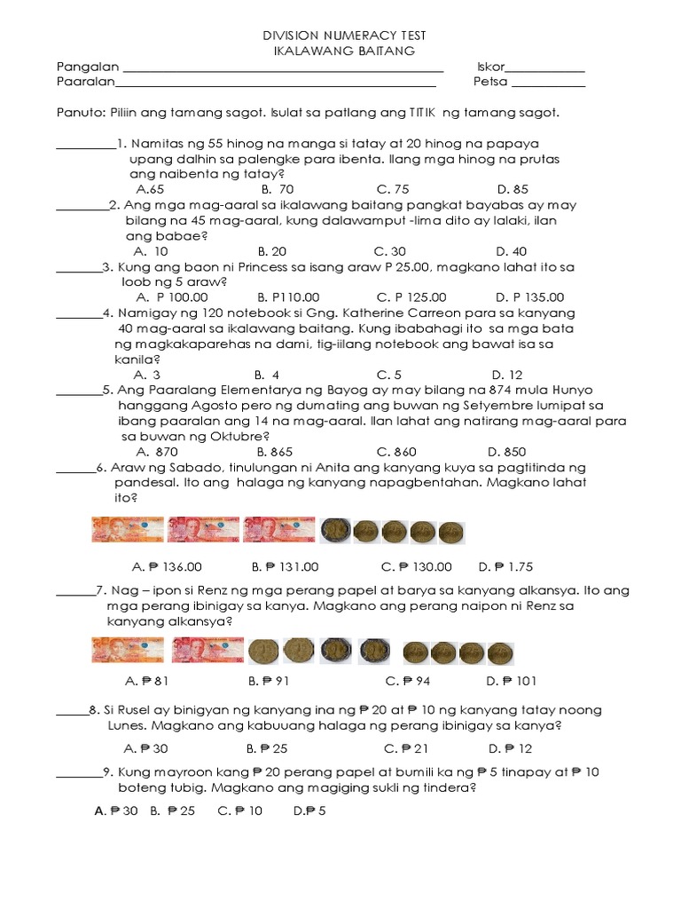 Division Numeracy Test Grade 2 | PDF