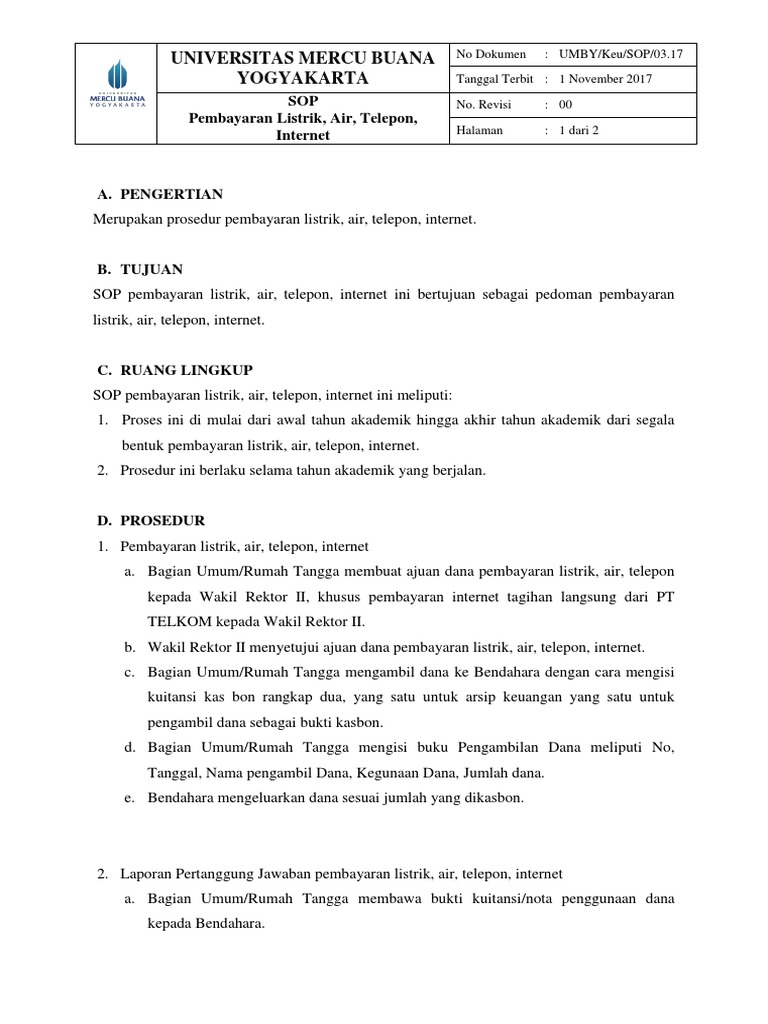 17.SOP Pembayaran Listrik Air Telepon Internet | PDF