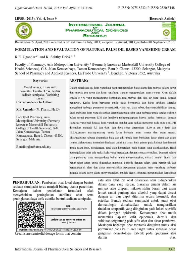 Jurnal Formulasi & Evaluasi Krim Basis Minyak Sawit | PDF Jurnal Formulasi & Evaluasi Krim Basis Minyak Sawit | PDF