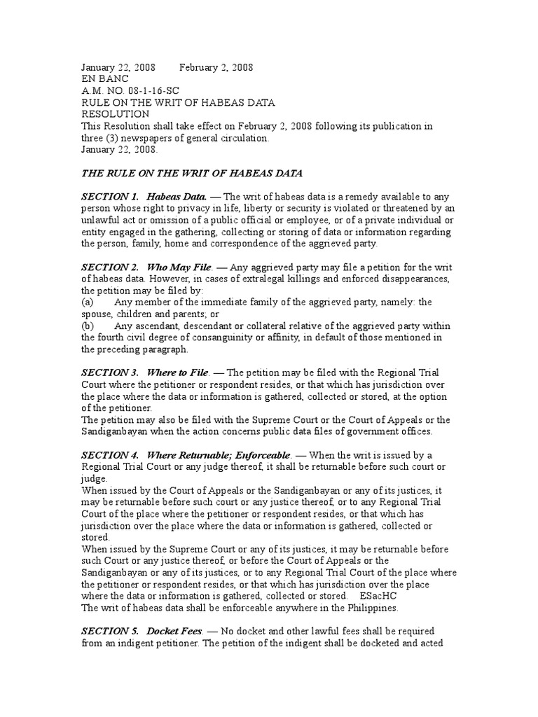 Rule On Writ of Habeas Data | PDF